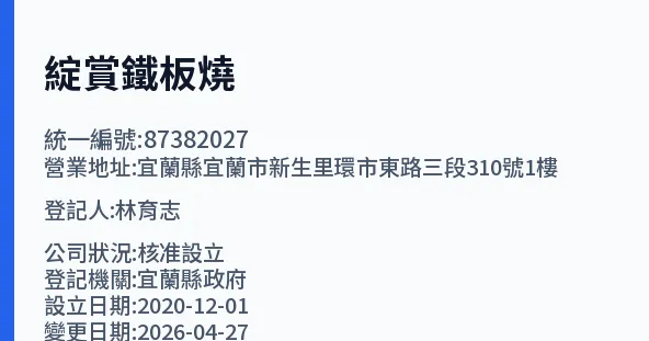 綻賞鐵板燒的照片-統編 87382027(宜蘭縣) 公司登記資料與營業項目詳細圖表