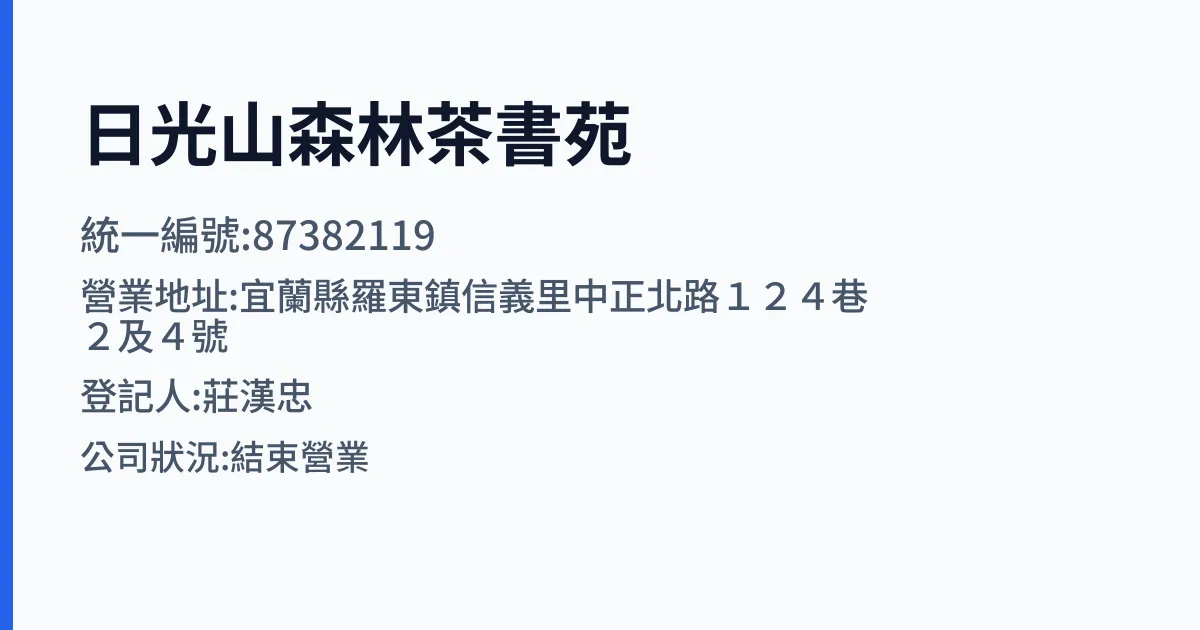 日光山森林茶書苑 - 統編 87382119(宜蘭縣) 公司登記資料與營業項目詳細圖表