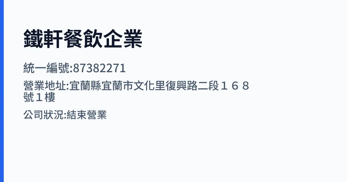 鐵軒餐飲企業 - 統編 87382271(宜蘭縣) 公司登記資料與營業項目詳細圖表