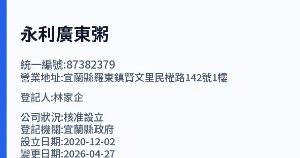 永利廣東粥的照片-統編 87382379(宜蘭縣) 公司登記資料與營業項目詳細圖表