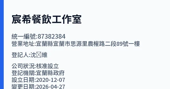 宸希餐飲工作室的照片-統編 87382384(宜蘭縣) 公司登記資料與營業項目詳細圖表