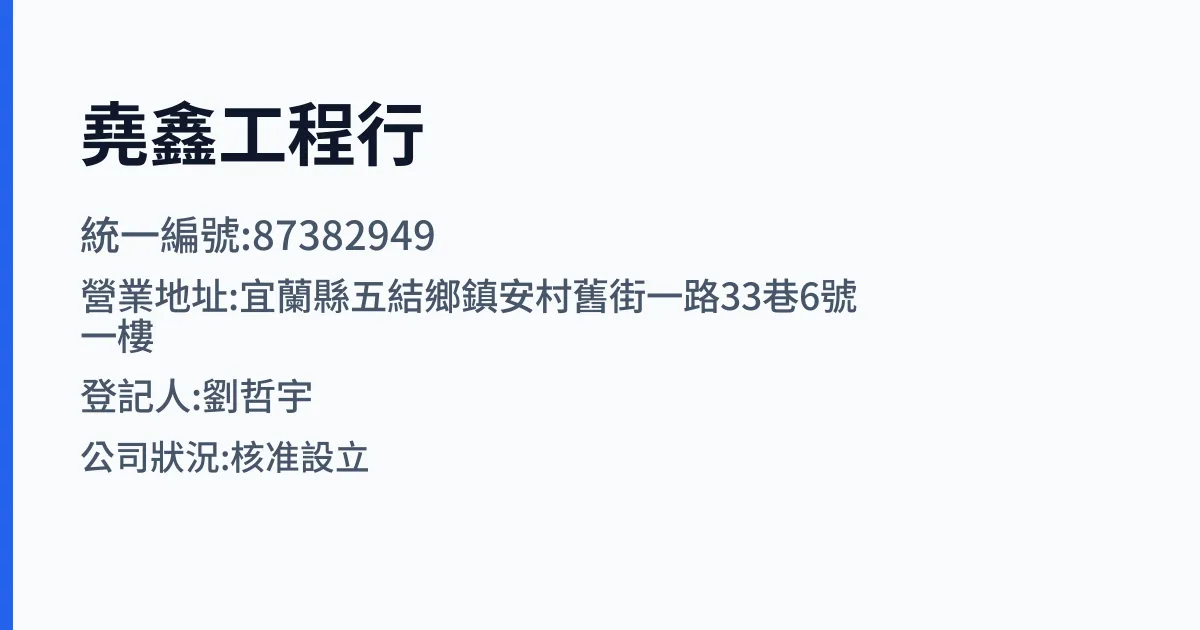 堯鑫工程行 - 統編 87382949(宜蘭縣) 公司登記資料與營業項目詳細圖表