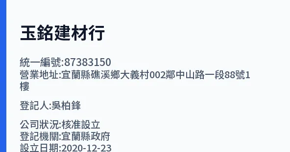 玉銘建材行的照片-統編 87383150(宜蘭縣) 公司登記資料與營業項目詳細圖表