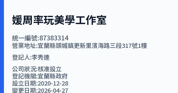 媛周率玩美學工作室的照片-統編 87383314(宜蘭縣) 公司登記資料與營業項目詳細圖表