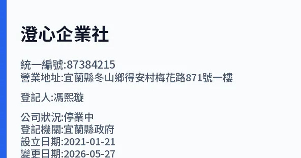 澄心企業社的照片-統編 87384215(宜蘭縣) 公司登記資料與營業項目詳細圖表