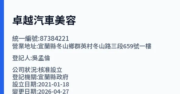 卓越汽車美容的照片-統編 87384221(宜蘭縣) 公司登記資料與營業項目詳細圖表