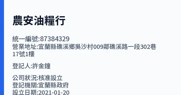 農安油糧行的照片-統編 87384329(宜蘭縣) 公司登記資料與營業項目詳細圖表