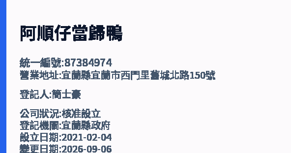 阿順仔當歸鴨的照片-統編 87384974(宜蘭縣) 公司登記資料與營業項目詳細圖表