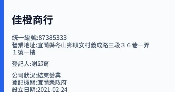 佳橙商行的照片-統編 87385333(宜蘭縣) 公司登記資料與營業項目詳細圖表