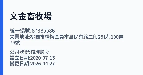 文金畜牧場的照片-統編 87385586(桃園市) 公司登記資料與營業項目詳細圖表