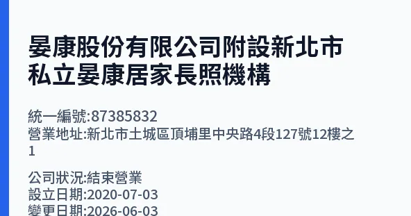 晏康股份有限公司附設新北市私立晏康居家長照機構的照片-統編 87385832(新北市) 公司登記資料與營業項目詳細圖表