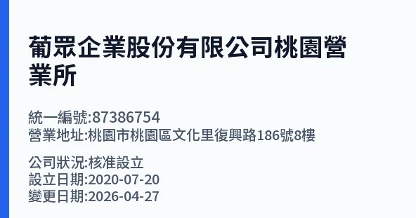 葡眾企業股份有限公司桃園營業所的照片-統編 87386754(桃園市) 公司登記資料與營業項目詳細圖表