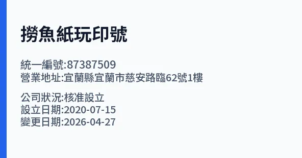 撈魚紙玩印號的照片-統編 87387509(宜蘭縣) 公司登記資料與營業項目詳細圖表