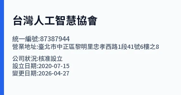 台灣人工智慧協會的照片-統編 87387944(臺北市) 公司登記資料與營業項目詳細圖表