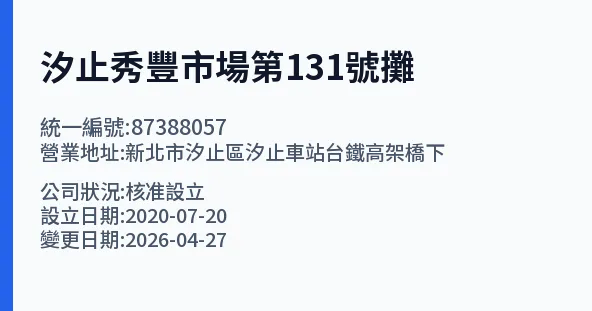 汐止秀豐市場第131號攤的照片-統編 87388057(新北市) 公司登記資料與營業項目詳細圖表
