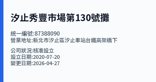 汐止秀豐市場第130號攤的照片-統編 87388090(新北市) 公司登記資料與營業項目詳細圖表