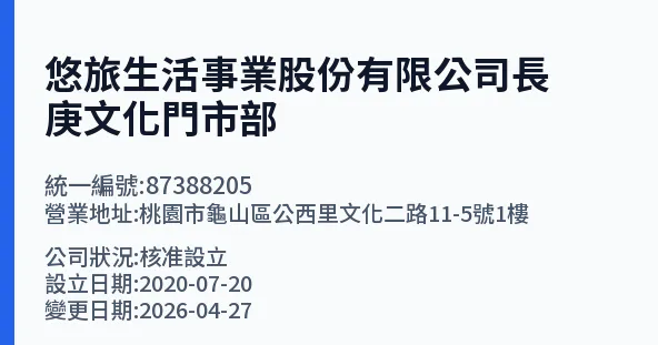悠旅生活事業股份有限公司長庚文化門市部的照片-統編 87388205(桃園市) 公司登記資料與營業項目詳細圖表
