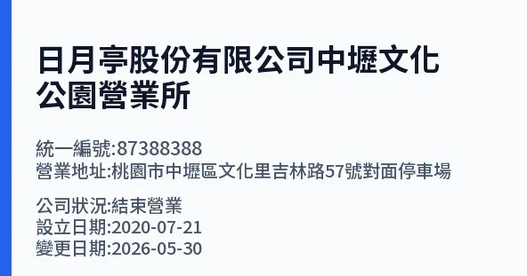 日月亭股份有限公司中壢文化公園營業所的照片-統編 87388388(桃園市) 公司登記資料與營業項目詳細圖表