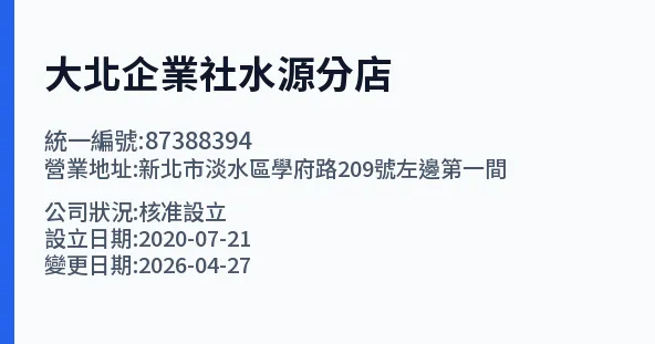 大北企業社水源分店的照片-統編 87388394(新北市) 公司登記資料與營業項目詳細圖表