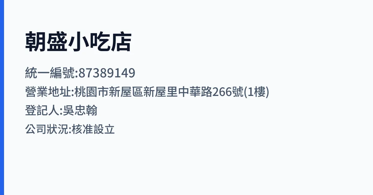 朝盛小吃店 - 統編 87389149(桃園市) 公司登記資料與營業項目詳細圖表