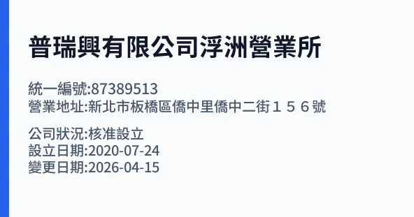 普瑞興有限公司浮洲營業所的照片-統編 87389513(新北市) 公司登記資料與營業項目詳細圖表