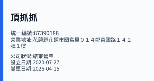 頂抓抓的照片-統編 87390188(花蓮縣) 公司登記資料與營業項目詳細圖表