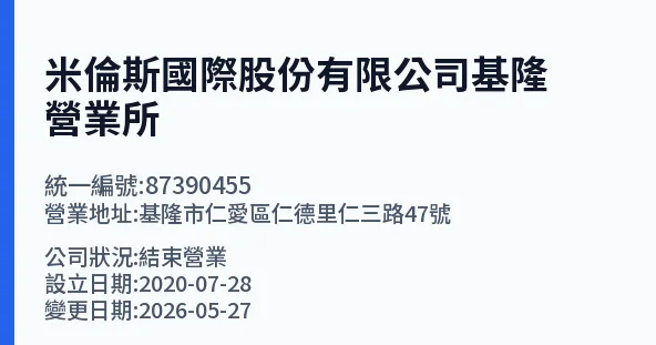 米倫斯國際股份有限公司基隆營業所的照片-統編 87390455(基隆市) 公司登記資料與營業項目詳細圖表