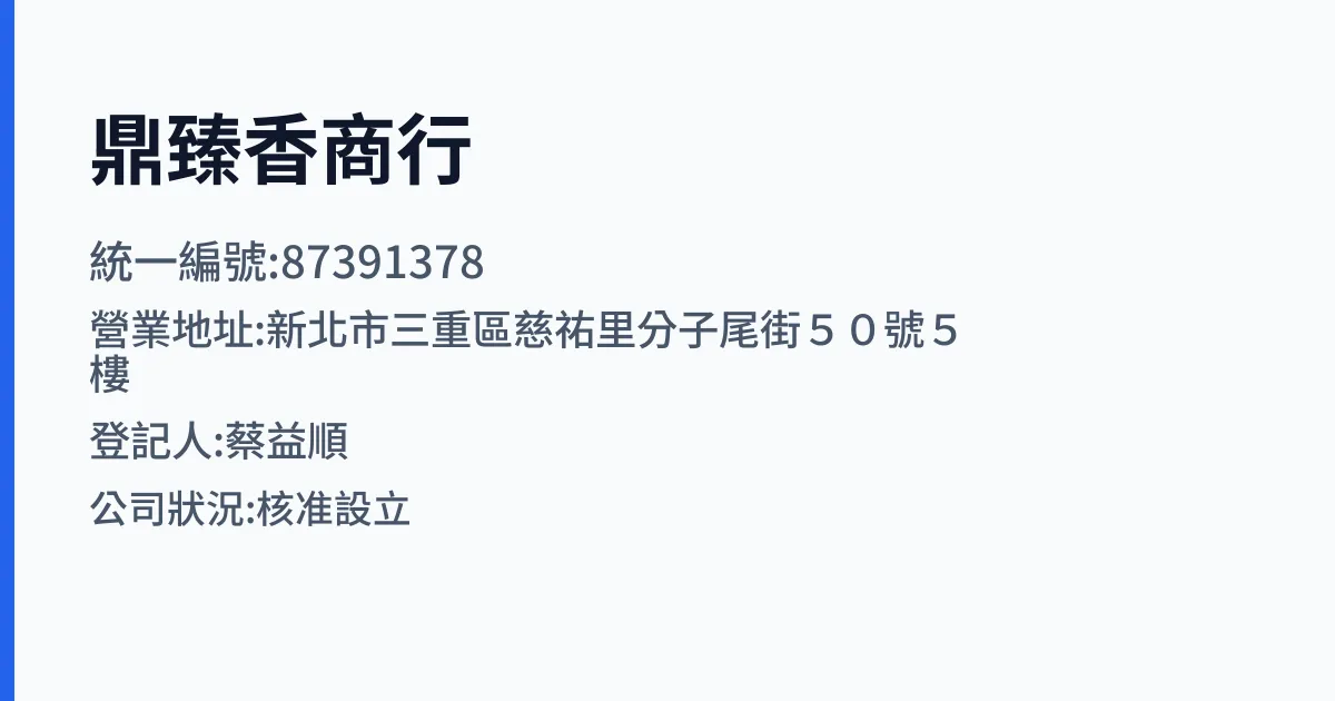 鼎臻香商行 - 統編 87391378(新北市) 公司登記資料與營業項目詳細圖表