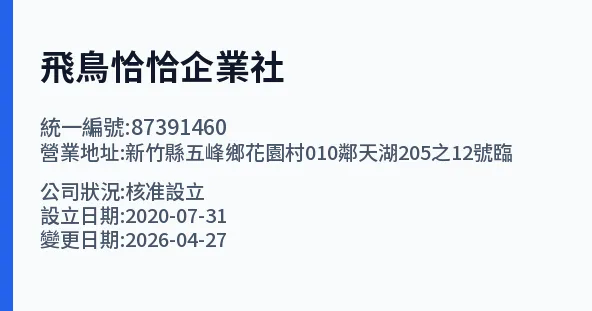 飛鳥恰恰企業社的照片-統編 87391460(新竹縣) 公司登記資料與營業項目詳細圖表