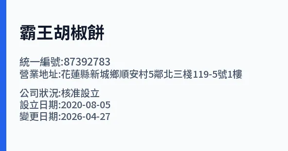 霸王胡椒餅的照片-統編 87392783(花蓮縣) 公司登記資料與營業項目詳細圖表