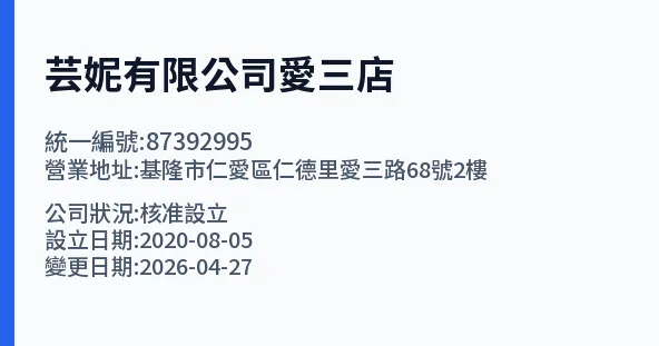 芸妮有限公司愛三店的照片-統編 87392995(基隆市) 公司登記資料與營業項目詳細圖表
