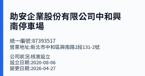 助安企業股份有限公司中和興南停車場的照片-統編 87393517(新北市) 公司登記資料與營業項目詳細圖表