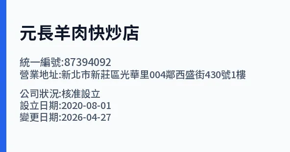 元長羊肉快炒店的照片-統編 87394092(新北市) 公司登記資料與營業項目詳細圖表