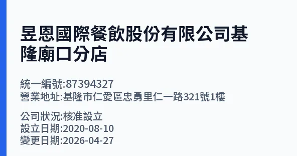 昱恩國際餐飲股份有限公司基隆廟口分店的照片-統編 87394327(基隆市) 公司登記資料與營業項目詳細圖表