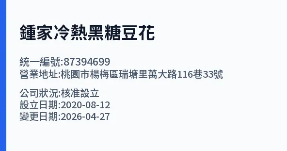 鍾家冷熱黑糖豆花的照片-統編 87394699(桃園市) 公司登記資料與營業項目詳細圖表