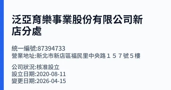 泛亞育樂事業股份有限公司新店分處的照片-統編 87394733(新北市) 公司登記資料與營業項目詳細圖表
