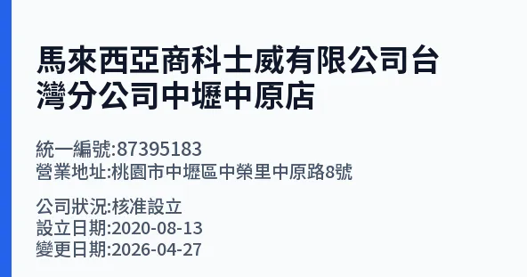 馬來西亞商科士威有限公司台灣分公司中壢中原店的照片-統編 87395183(桃園市) 公司登記資料與營業項目詳細圖表