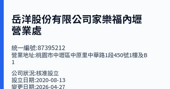 岳洋股份有限公司家樂福內壢營業處的照片-統編 87395212(桃園市) 公司登記資料與營業項目詳細圖表