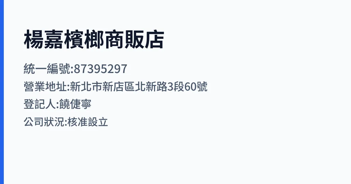 楊嘉檳榔商販店 - 統編 87395297(新北市) 公司登記資料與營業項目詳細圖表