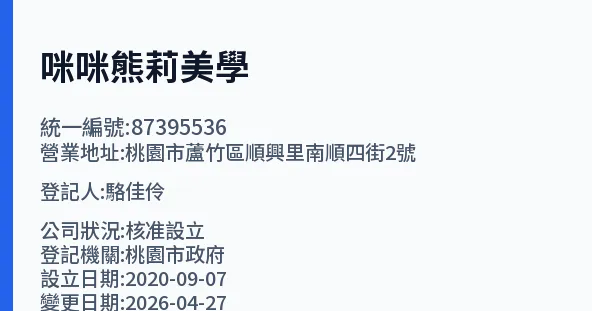 咪咪熊莉美學的照片-統編 87395536(桃園市) 公司登記資料與營業項目詳細圖表