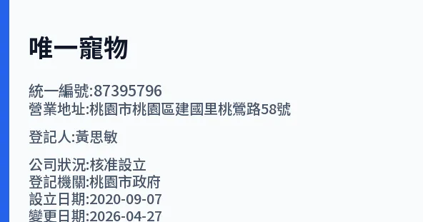 唯一寵物的照片-統編 87395796(桃園市) 公司登記資料與營業項目詳細圖表