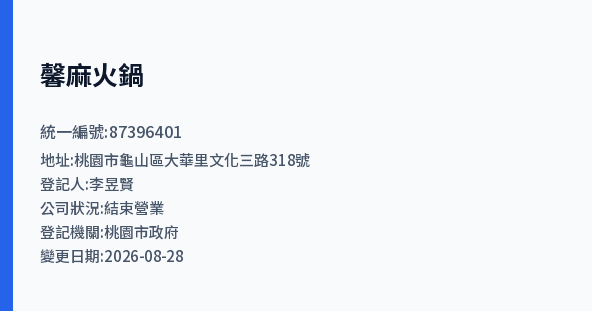 馨麻火鍋的照片-統編 87396401(桃園市) 公司登記資料與營業項目詳細圖表