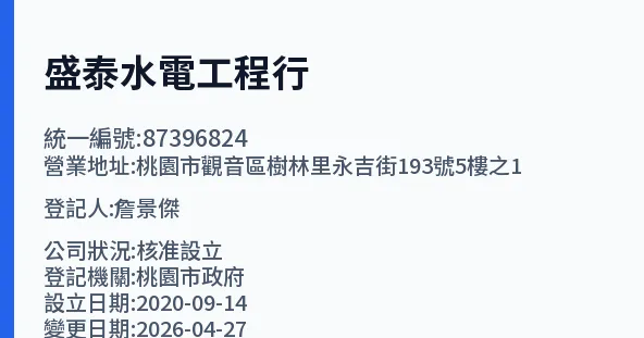 盛泰水電工程行的照片-統編 87396824(桃園市) 公司登記資料與營業項目詳細圖表