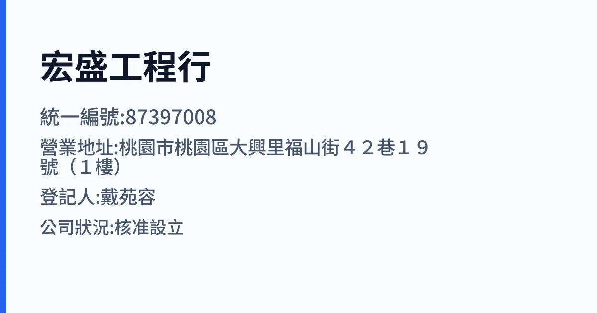 宏盛工程行 - 統編 87397008(桃園市) 公司登記資料與營業項目詳細圖表