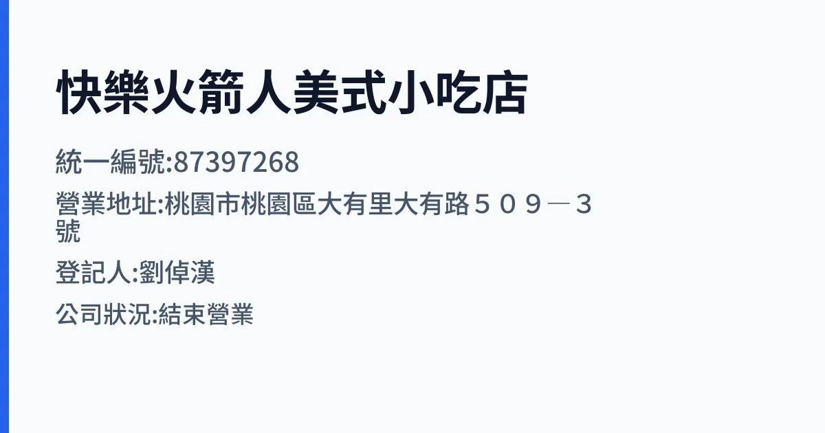快樂火箭人美式小吃店 - 統編 87397268(桃園市) 公司登記資料與營業項目詳細圖表