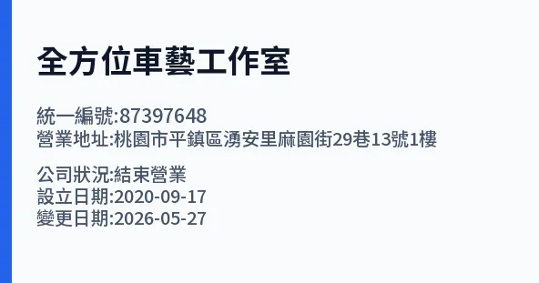 全方位車藝工作室的照片-統編 87397648(桃園市) 公司登記資料與營業項目詳細圖表
