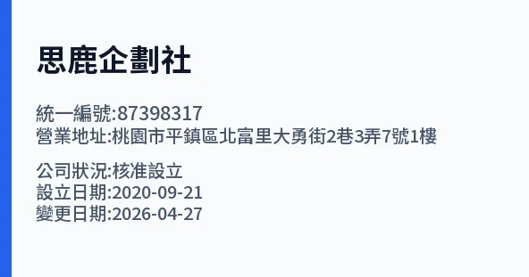 思鹿企劃社的照片-統編 87398317(桃園市) 公司登記資料與營業項目詳細圖表
