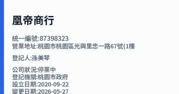 凰帝商行的照片-統編 87398323(桃園市) 公司登記資料與營業項目詳細圖表