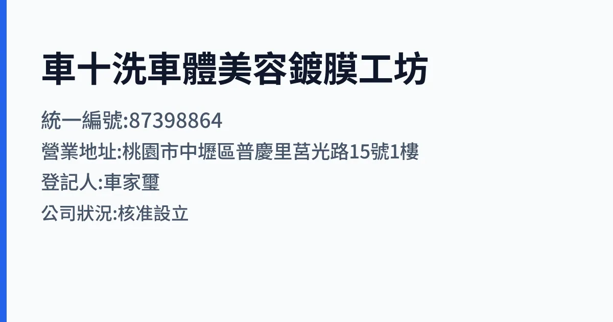 車十洗車體美容鍍膜工坊 - 統編 87398864(桃園市) 公司登記資料與營業項目詳細圖表