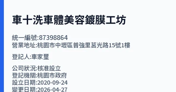 車十洗車體美容鍍膜工坊的照片-統編 87398864(桃園市) 公司登記資料與營業項目詳細圖表